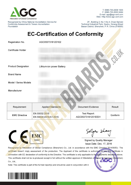 Certifications | HOVERBOARD® UK